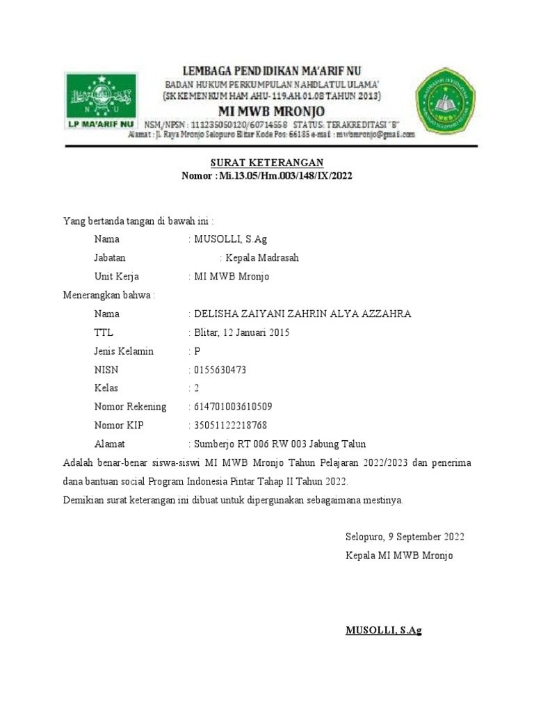 Surat Keterangan Penerima PIP | PDF