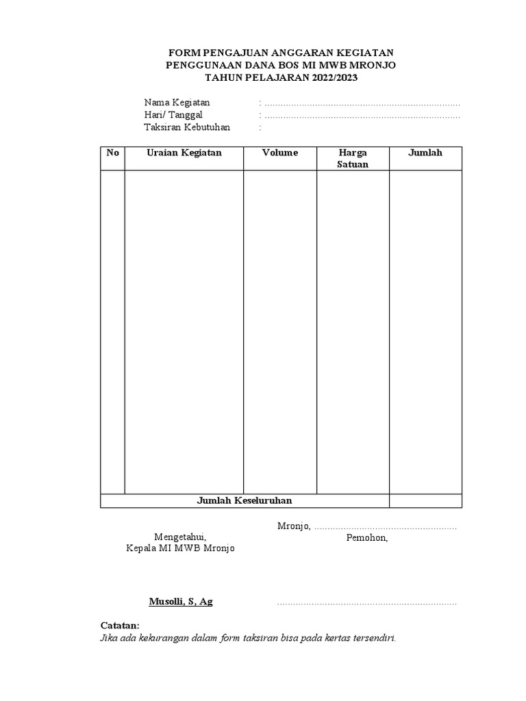 Form Pengajuan Anggaran Kegiatan | PDF