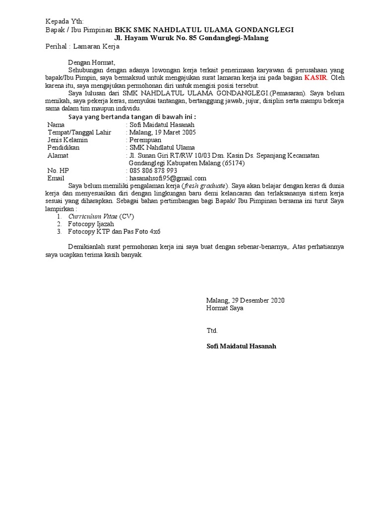 Surat Lamaran Kerja Sofi | PDF