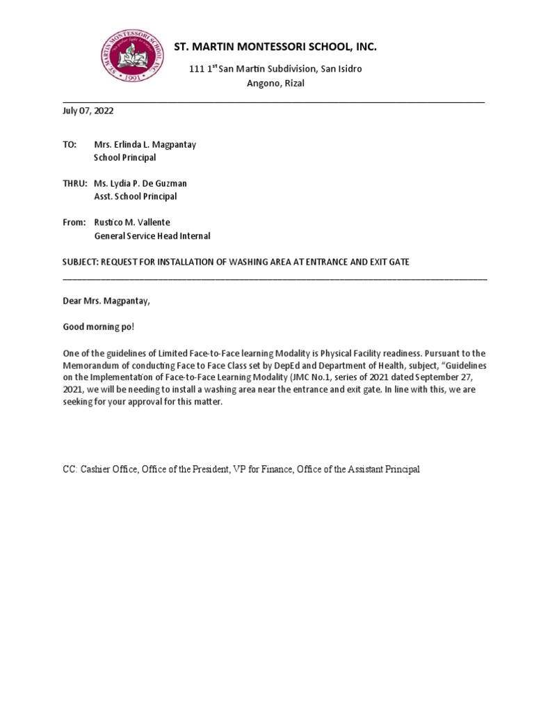 Request Letter For Installation of Wash Area | PDF