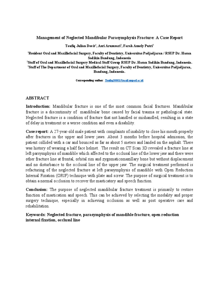 Abstrak Management of Neglected Mandibular Parasymphysis Fracture Case ...
