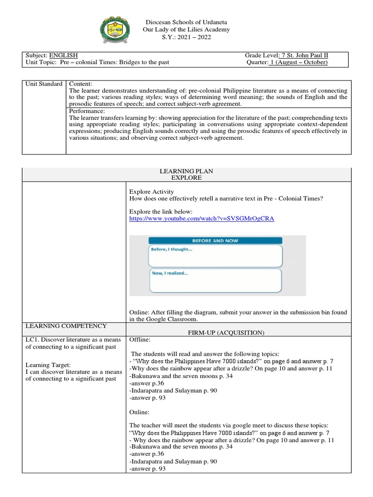 English 7 - Learning Plan | PDF | Online And Offline | Learning