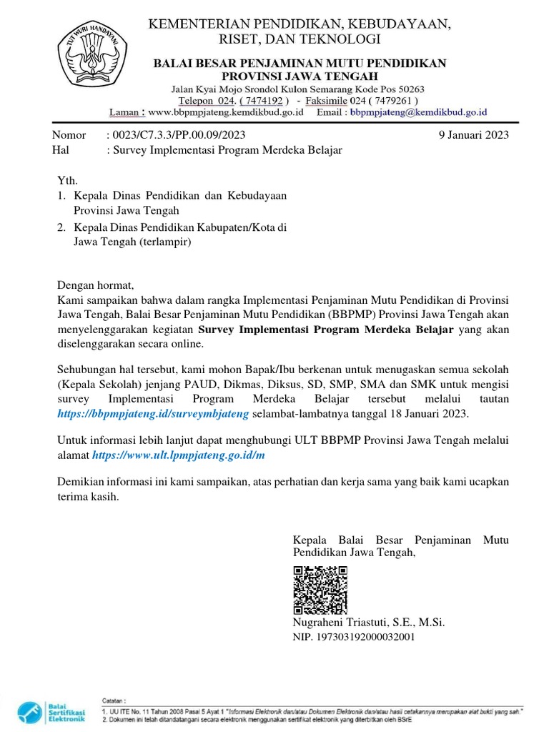 Surat Survey Implementasi Program Merdeka Belajar Ok | PDF