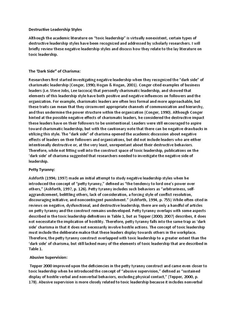 Destructive Leadership Styles | PDF | Leadership | Narcissism