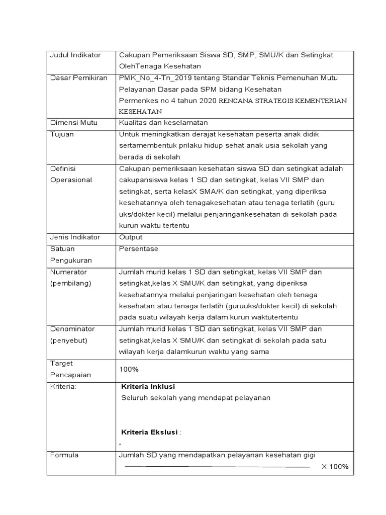 Indikator Mutu UKS-AUSREM | PDF