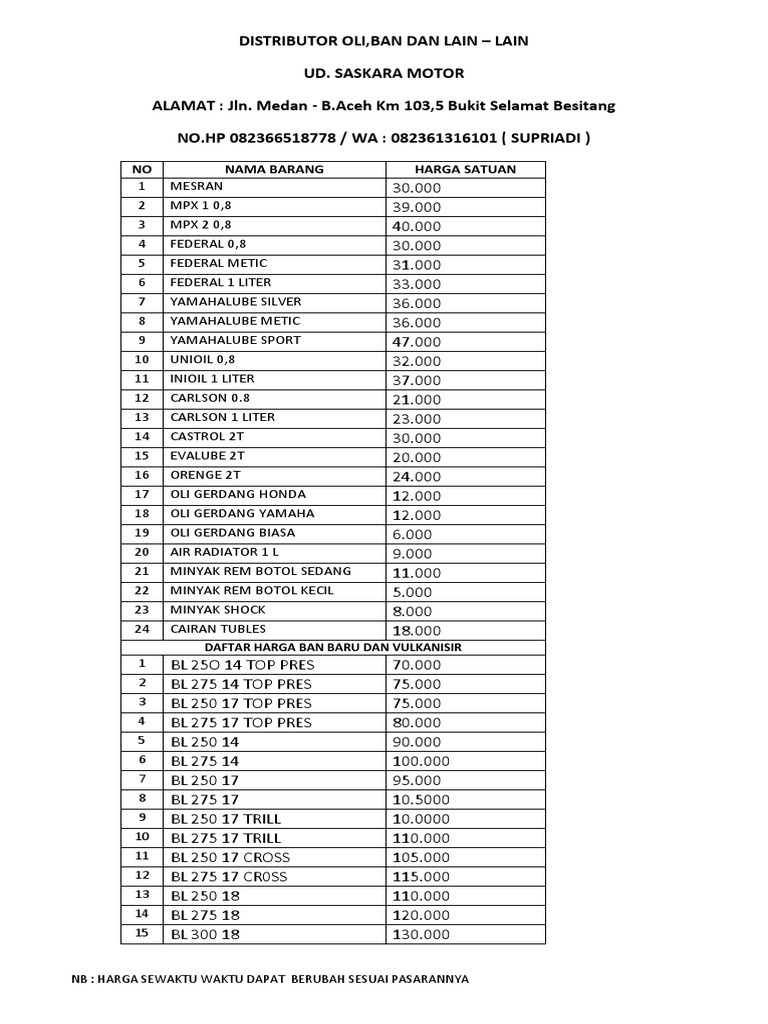 Daftar Harga Oli | PDF