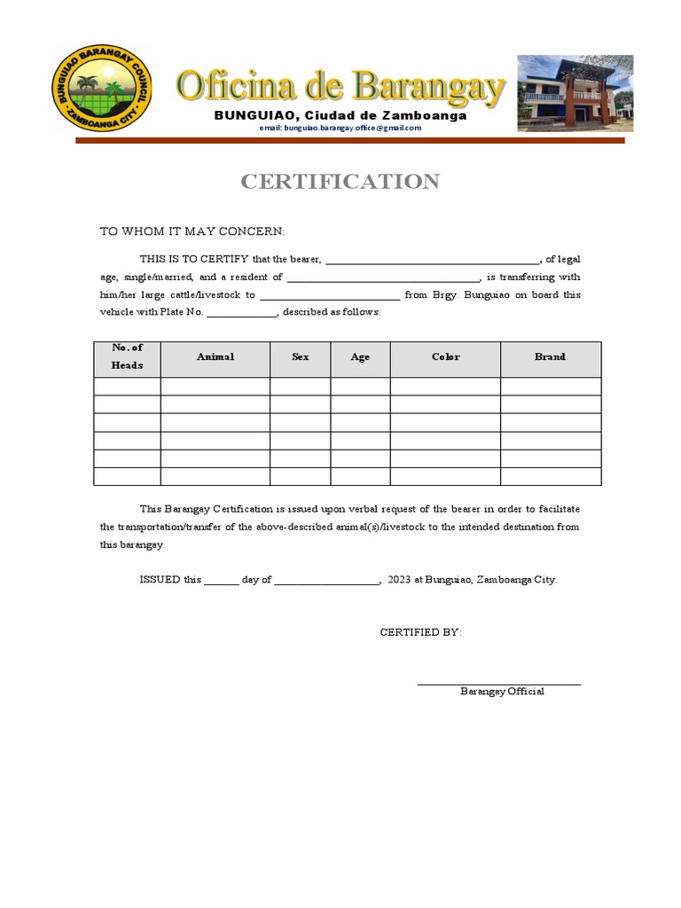 Brgy. Cert. (Cattle) | PDF