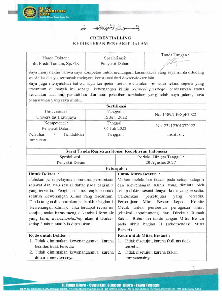 Kredensial - Dr. Fredo Tamara, Sp. PD | PDF