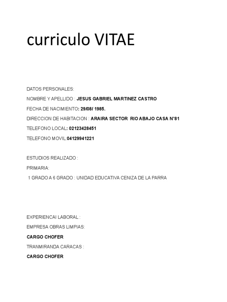Curriculum Vitae de Jesús Gabriel Martínez Castro, chofer con ...