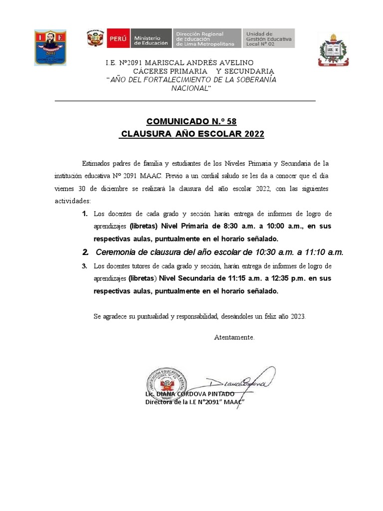 COMUNICADO #58 CLAUSURA AÑO ESCOLAR 2022io | PDF
