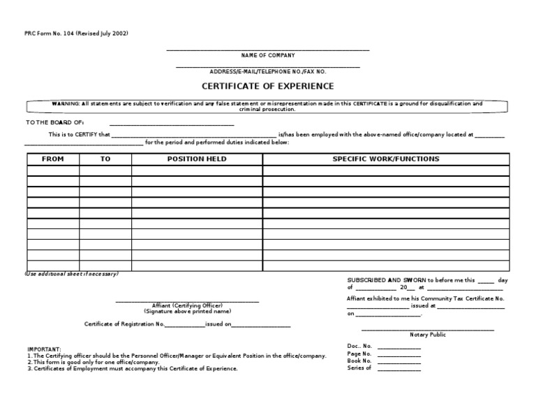 PRC Certificate of Experience Form 104 | PDF | Business | Finance ...
