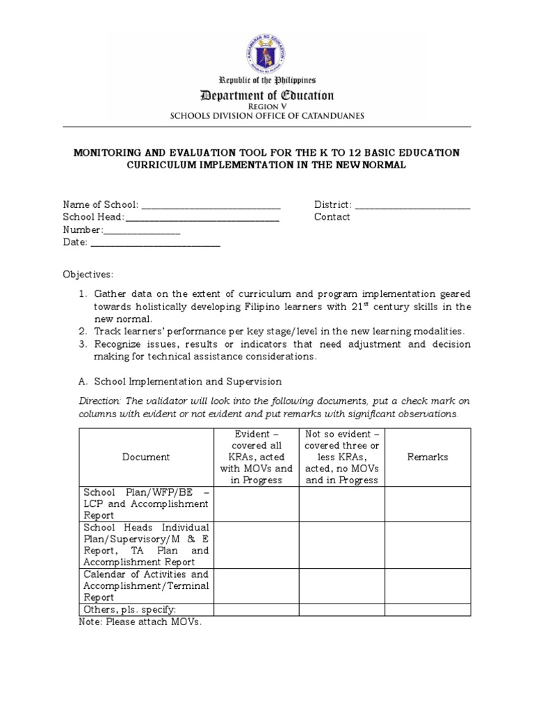 MT - Monitoring Evaluation Tool For The K To 12 BEC Implementation in ... MT - Monitoring Evaluation Tool For The K To 12 BEC Implementation in ...
