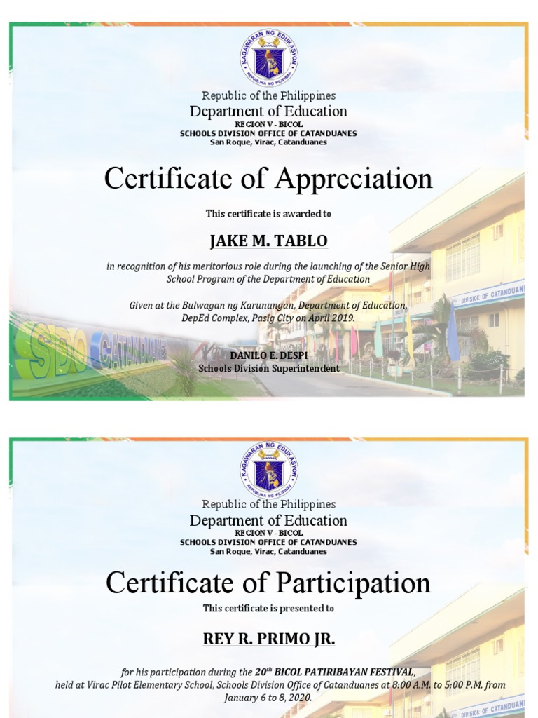 Certificate of Appreciation Awarded to Jake M. Tablo for His Role in Launching the Senior High ...