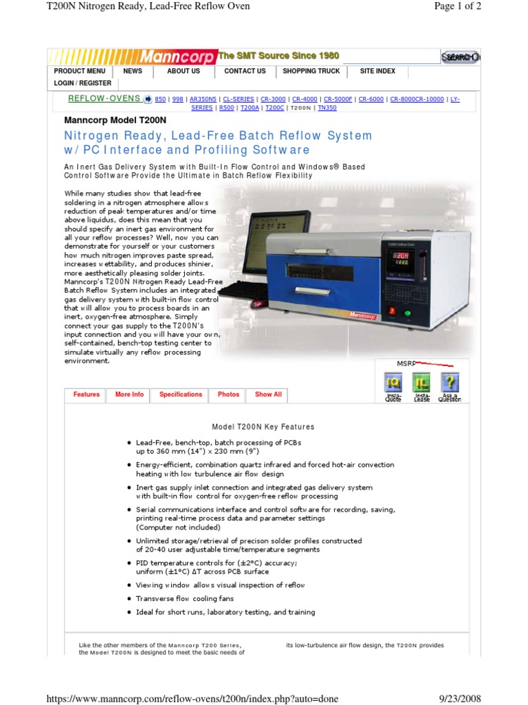 BATCH REFLOW SYSTEM (T200N) Datasheet (Manncorp) | PDF | Soldering ...
