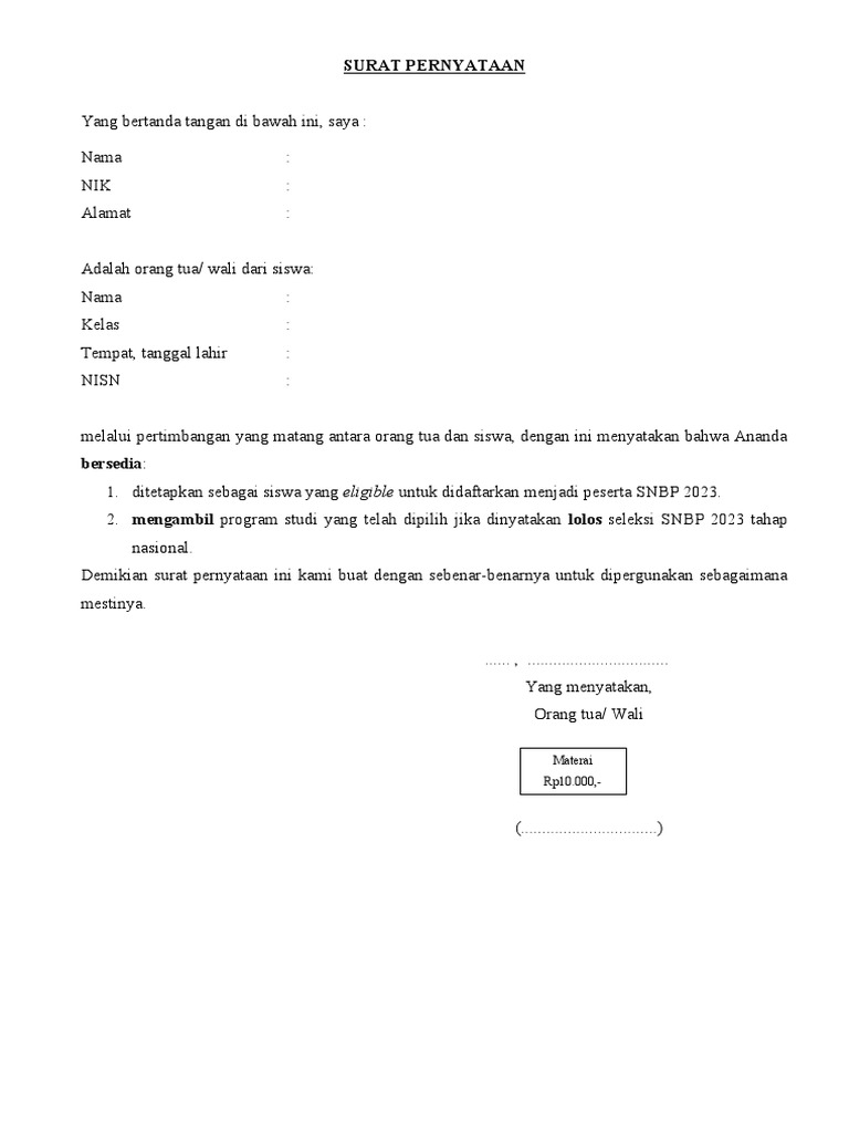 Surat Pernyataan Bersedia Ikut SNBP 2023 | PDF