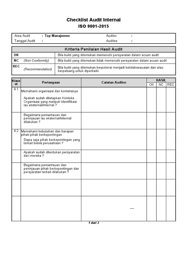 Checklist Audit Internal ISO 9001:2015 | PDF | Karier & Perkembangan ...