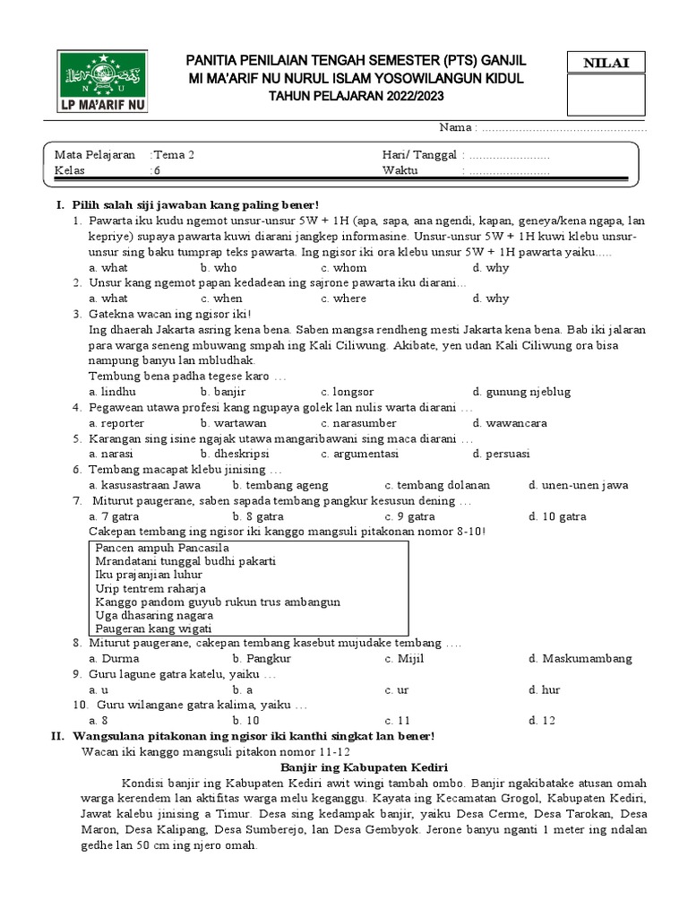 Soal PTS Ganjil Bhs Jawa Kelas 6 | PDF