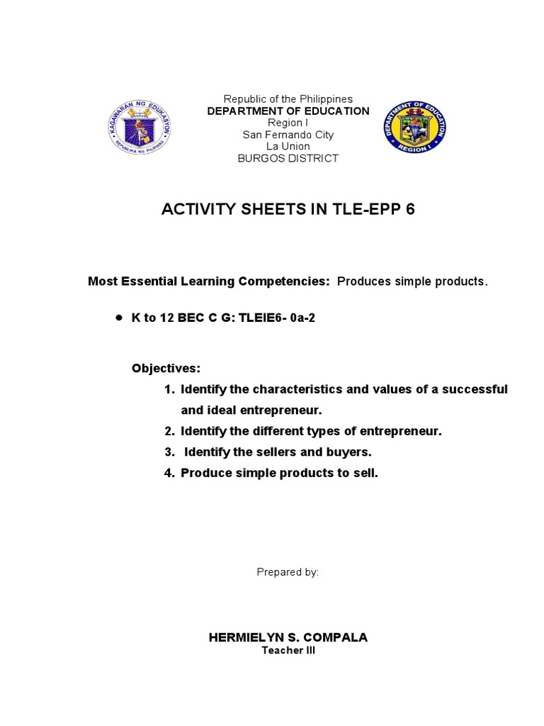 EPP-TLE 6 - AS - Quarter 1, Week 1 | PDF | Entrepreneurship | Sales