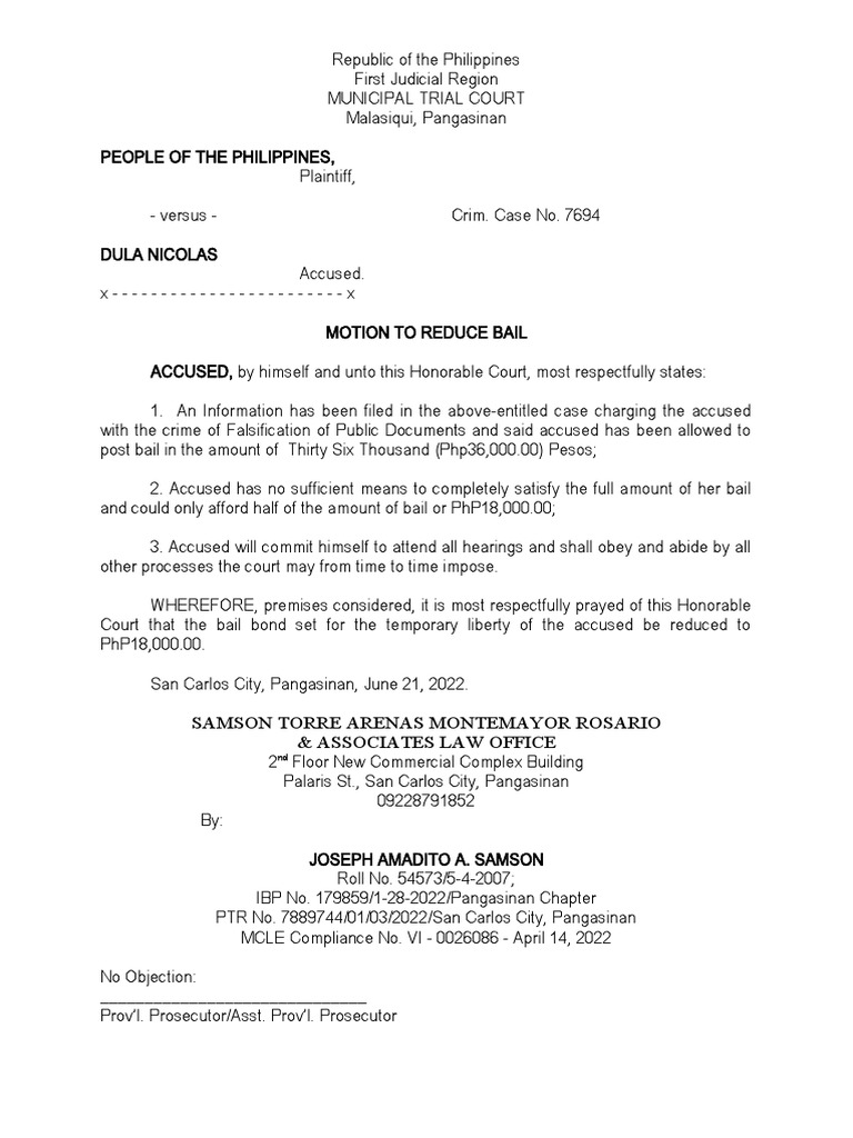 Motion To Reduce Bail Bond.... DULA NICOLAS | PDF