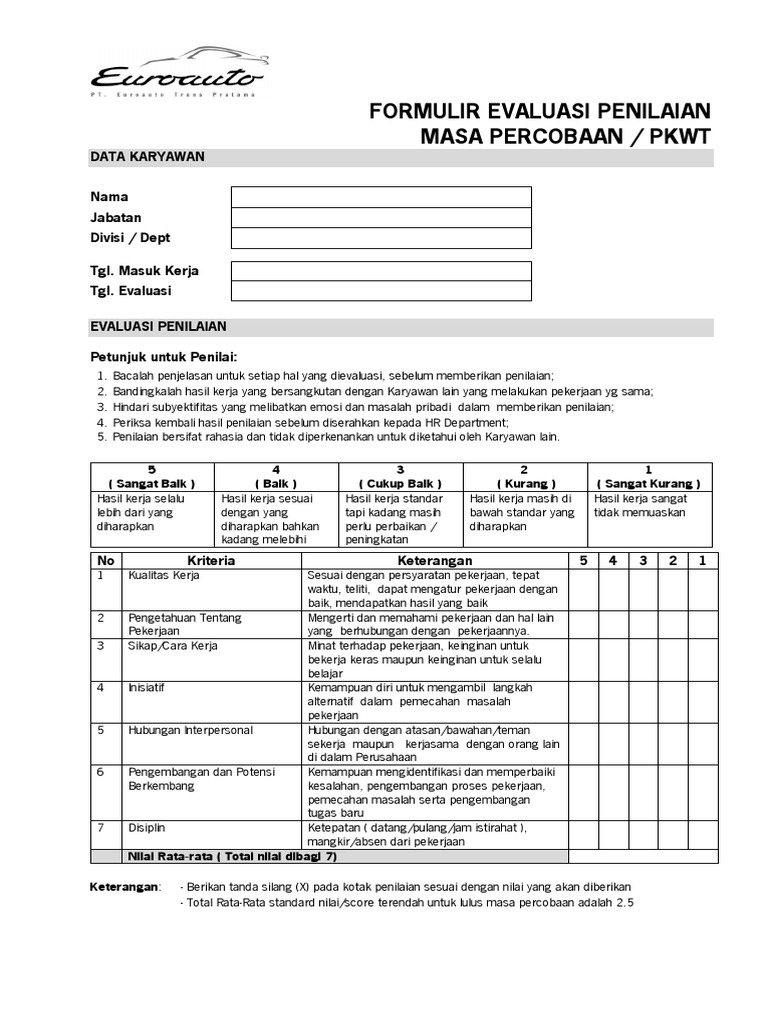 Form Evaluasi Penilaian Akhir Masa Percobaan | PDF