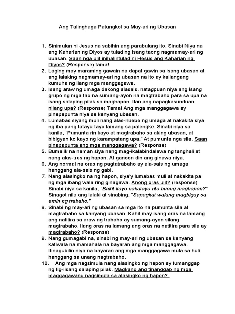 Ang Talinghaga Patungkol Sa May Ari NG Ubasan | PDF