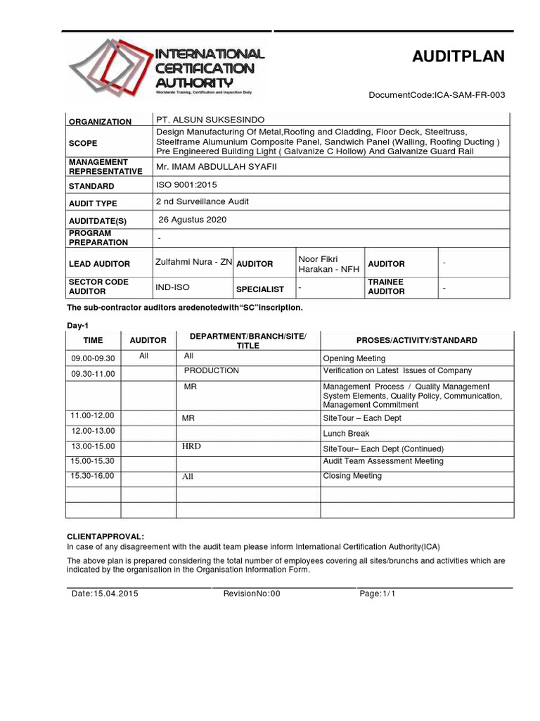 Audit Plan Iso PT Alsun Suksesindodocx | PDF | Audit | Economic Sectors