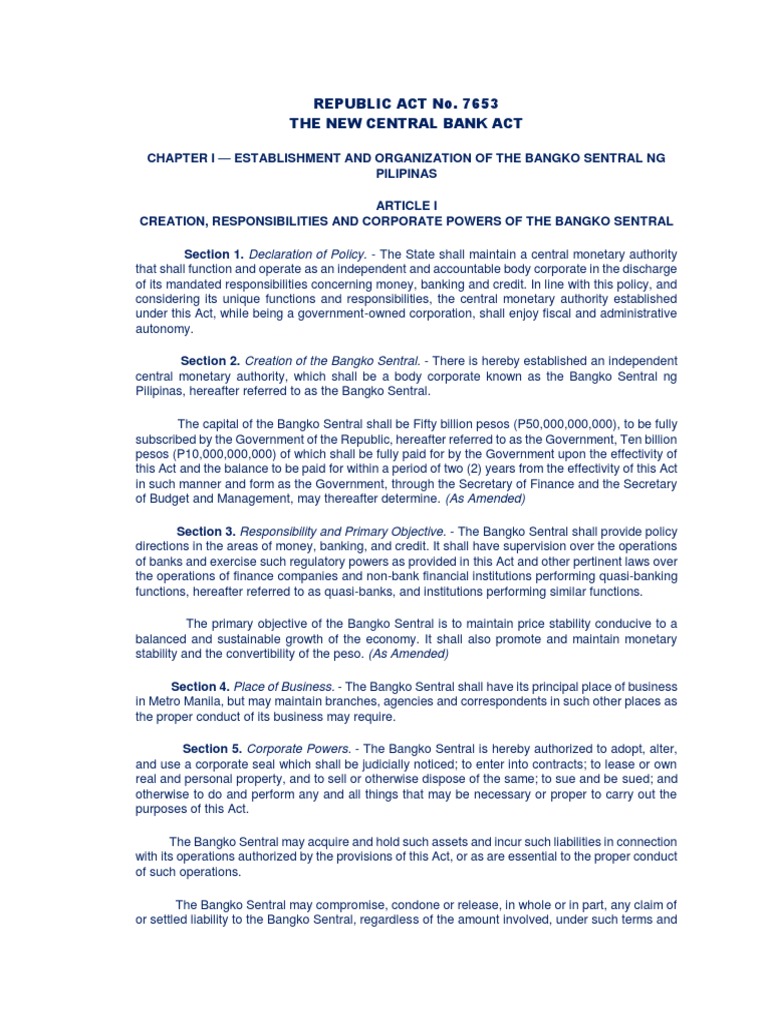 New Central Bank Act - Ra 7653 As Amended | PDF | Liquidation ...