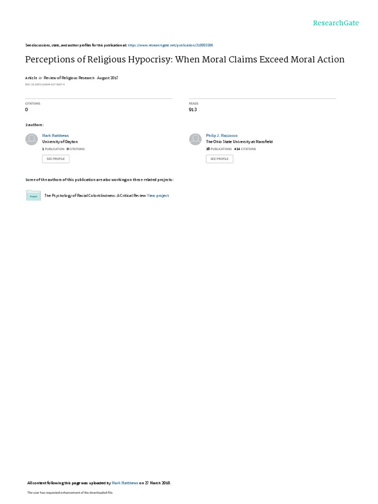 Perceptions of Religious Hypocrisy: When Moral Claims Exceed Moral Action | PDF | Morality ...