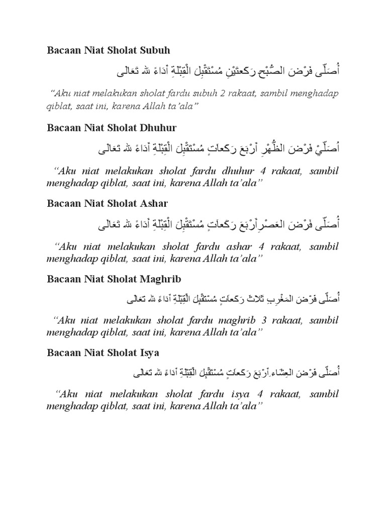 Bacaan Niat Sholat 5 WAKTU | PDF
