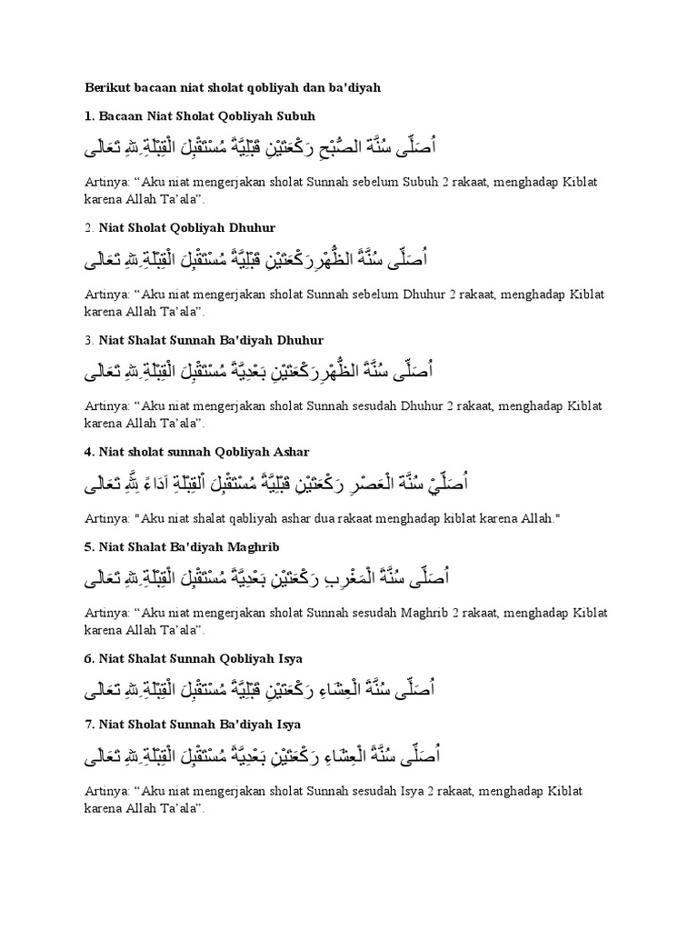 Berikut Bacaan Niat Sholat Qobliyah Dan Ba'diyah | PDF