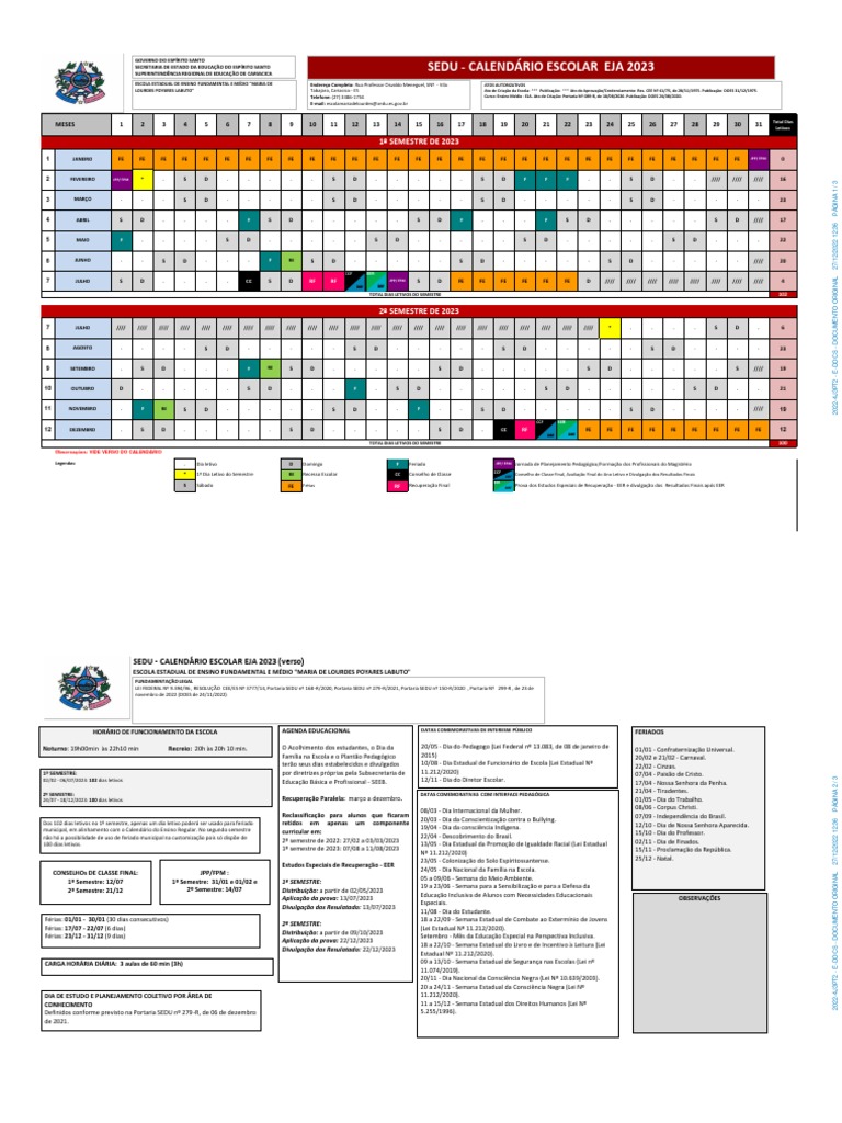 Calendário Escolar - EEEFM Maria de Lourdes Poyares Labuto-EJA | PDF ...