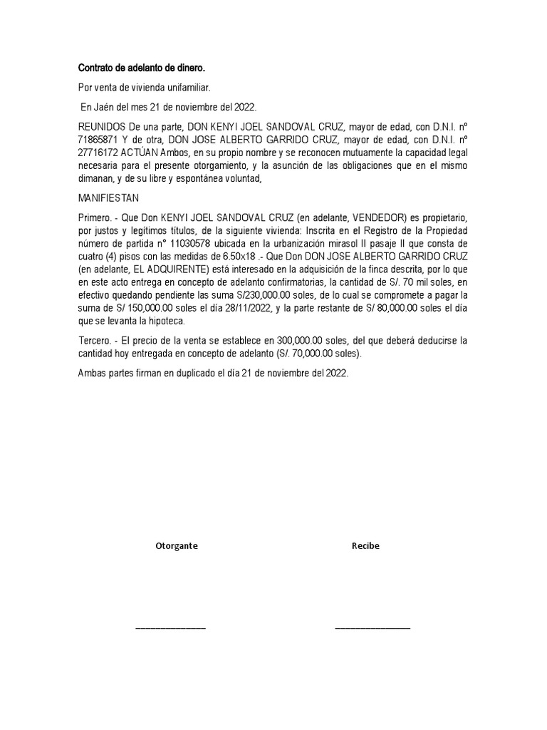 Contrato de Adelanto de Dinero | PDF Contrato de Adelanto de Dinero | PDF