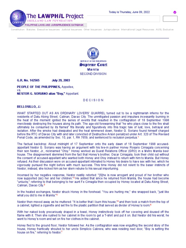 People Vs Soriano (Destructive Arson Vs Simple Arson) G.R. No. 142565 ...