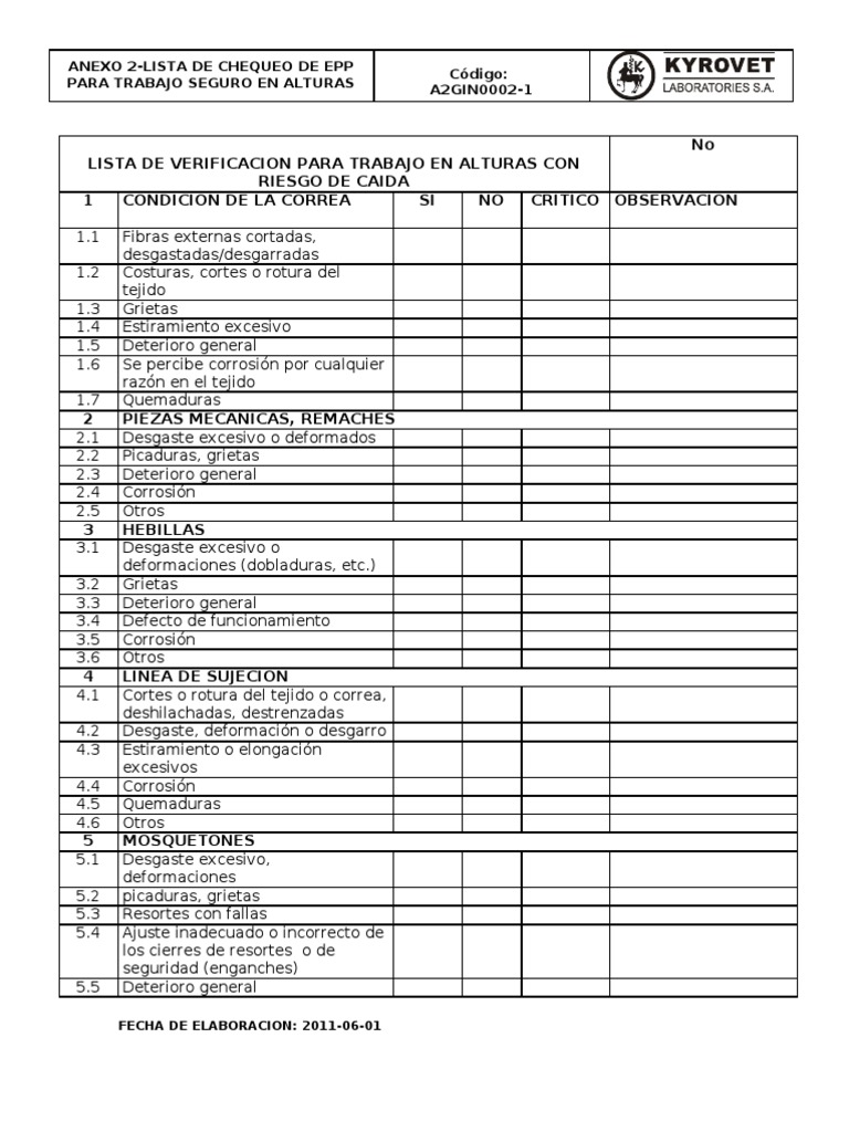 A2GIN0002-1 Lista de Chequeo de EPP Para Trabajo Seguro en Alturas