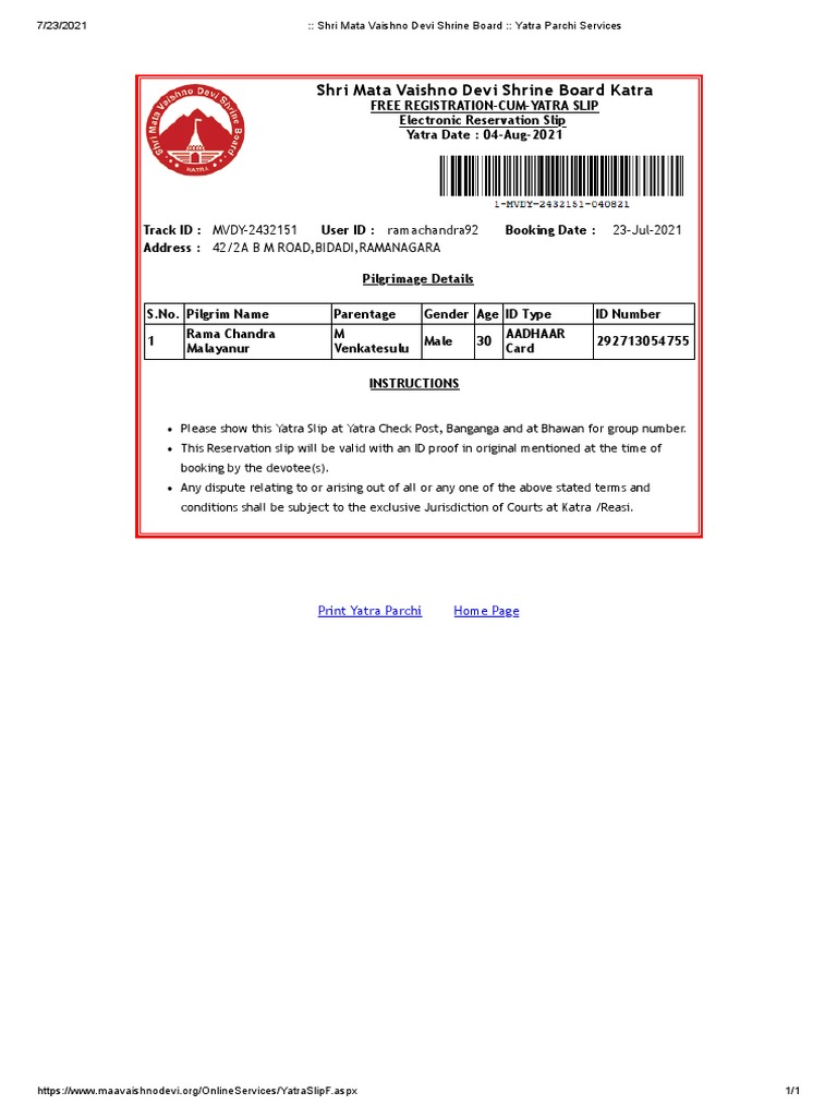 Vaishno Devi Yatra Slip Booking | PDF