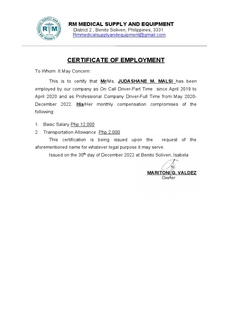Employment Certificate for On Call Driver | PDF | Finance & Money ...