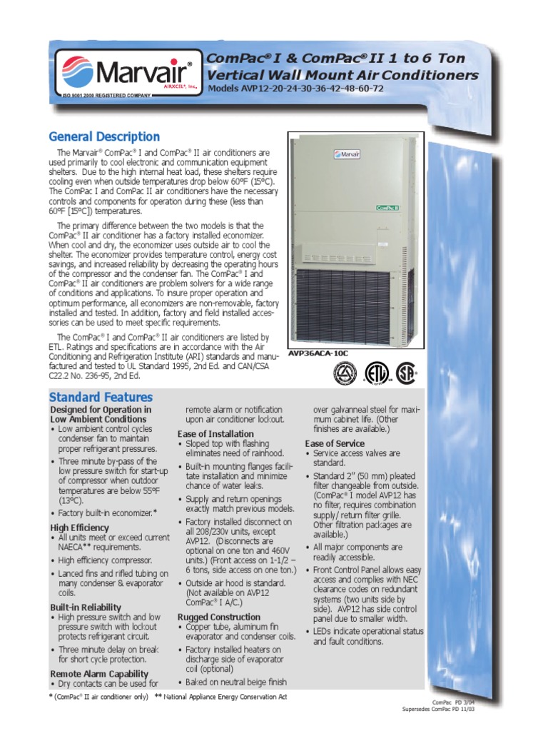 Marvair Vertical Wall-Mount AC Units C1 - 2PDS304 | PDF