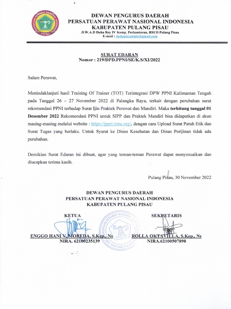 Sura Edaran DPD PPNI Pulang Pisau Terkait Rekom SIPP Dan Mandiri | PDF