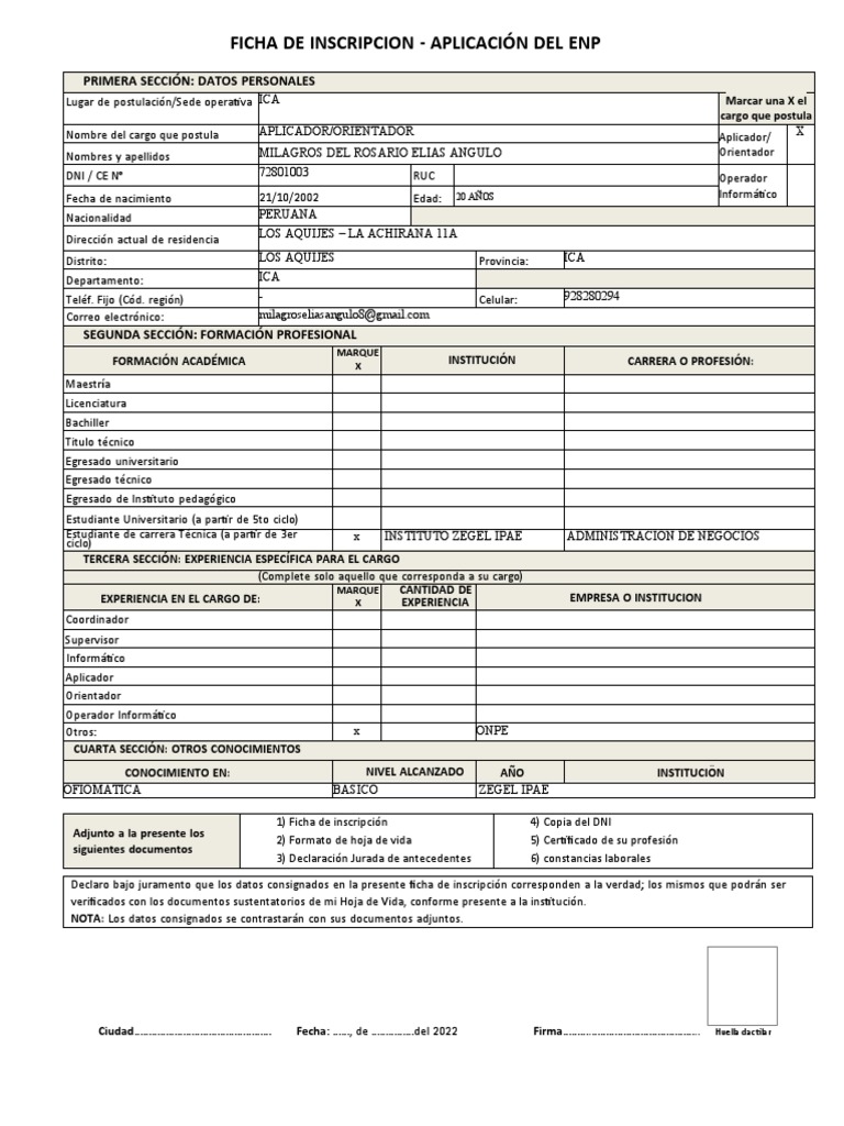 Ficha de Inscripción Aplicador ENP | PDF