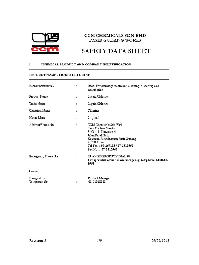 SDS - Chlorine Gas - CCM | PDF | Personal Protective Equipment | Toxicity