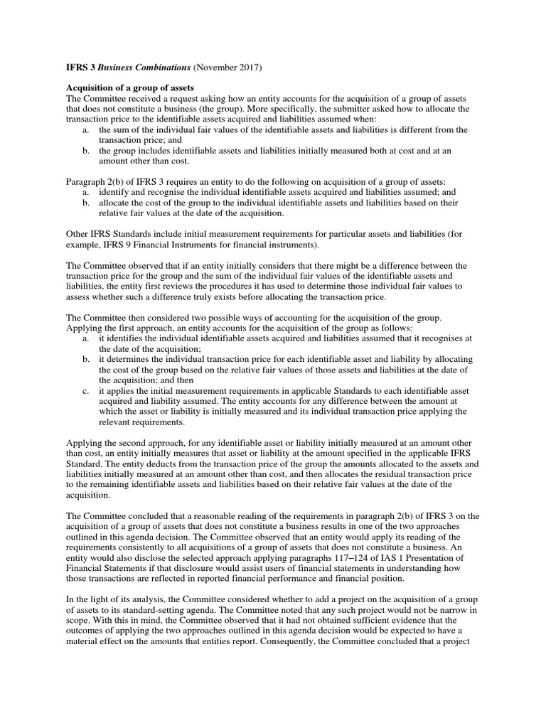Ifrs 3 Acqusition Of A Group Of Assets Nov 17 Pdf Fair Value