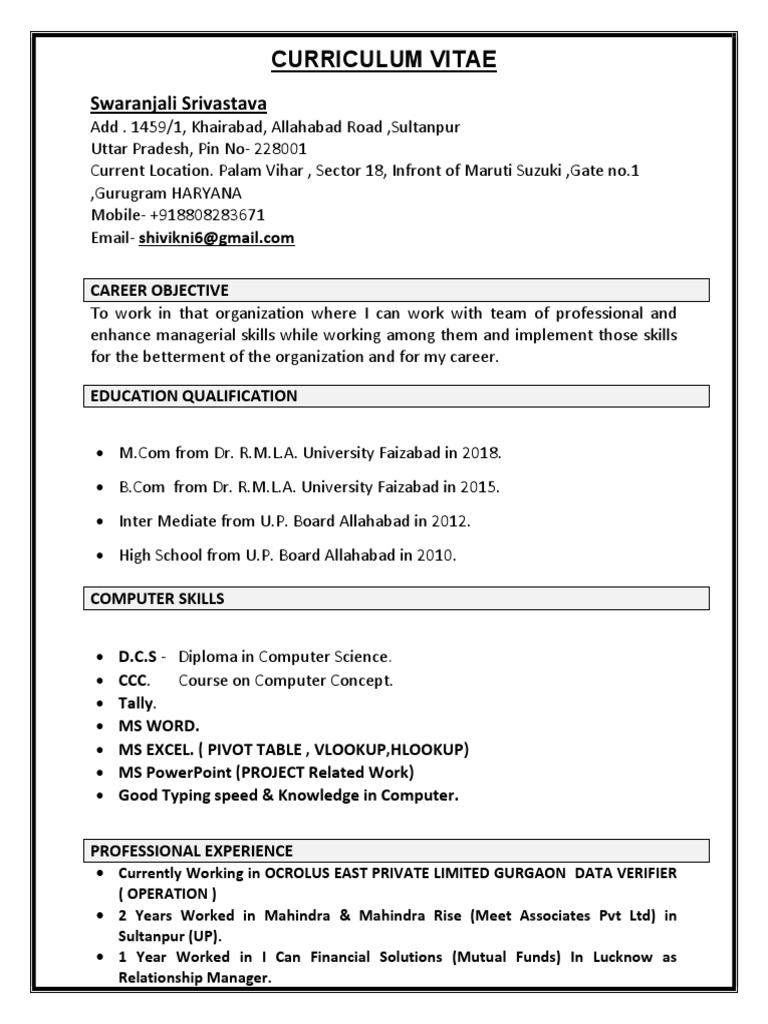 Curriculum Vitae of Swaranjali Srivastava: A Career-Focused Professional Seeking to Enhance ...