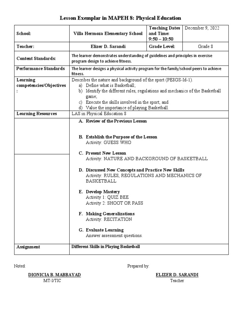 Deped Resources Matatag Grade 4 Lesson Exemplar Mapeh 6 E Class