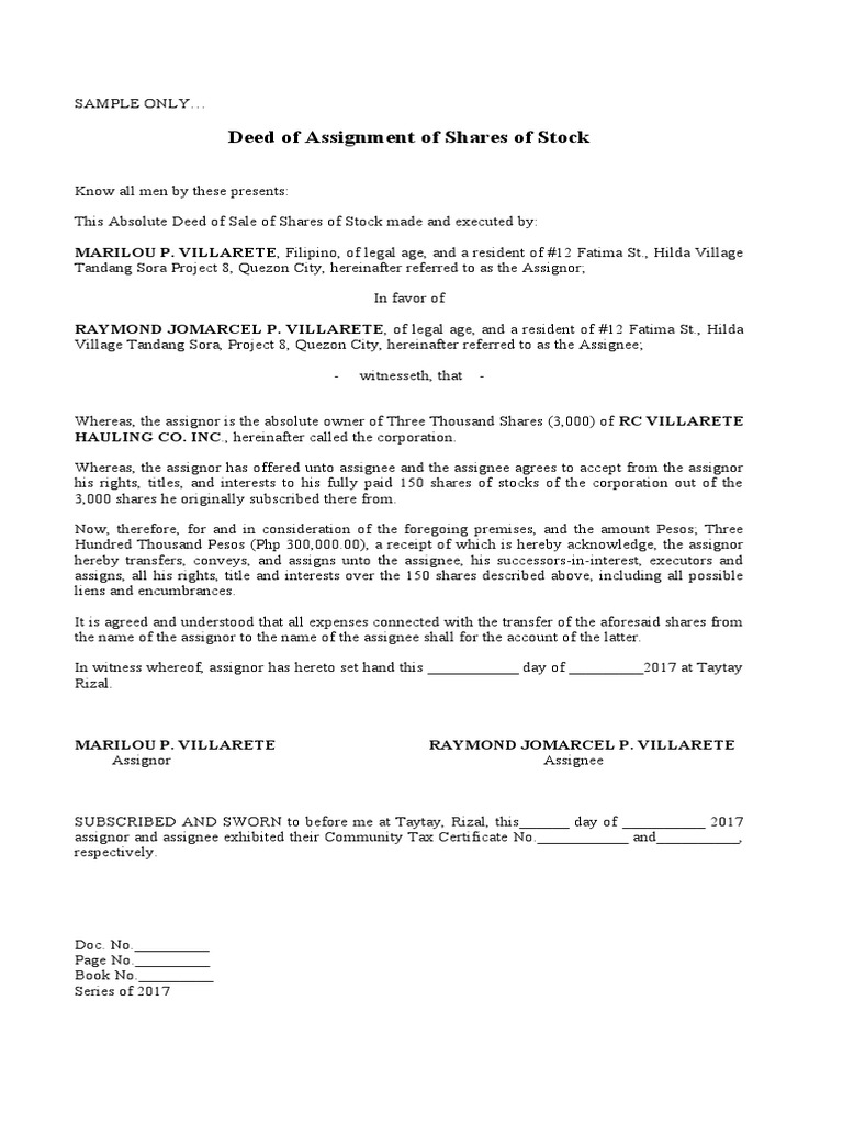 Deed of Assignment of Shares of Stock | PDF