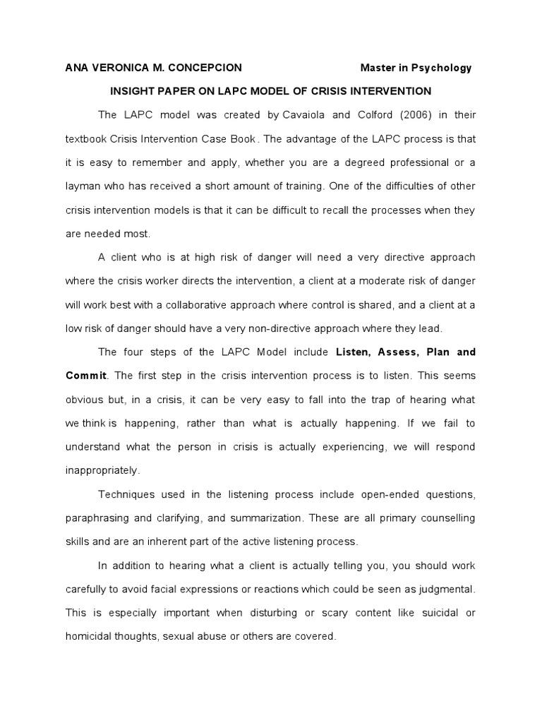 Insight Paper On Lapc Model of Crisis Intervention | PDF | Risk | Suicide