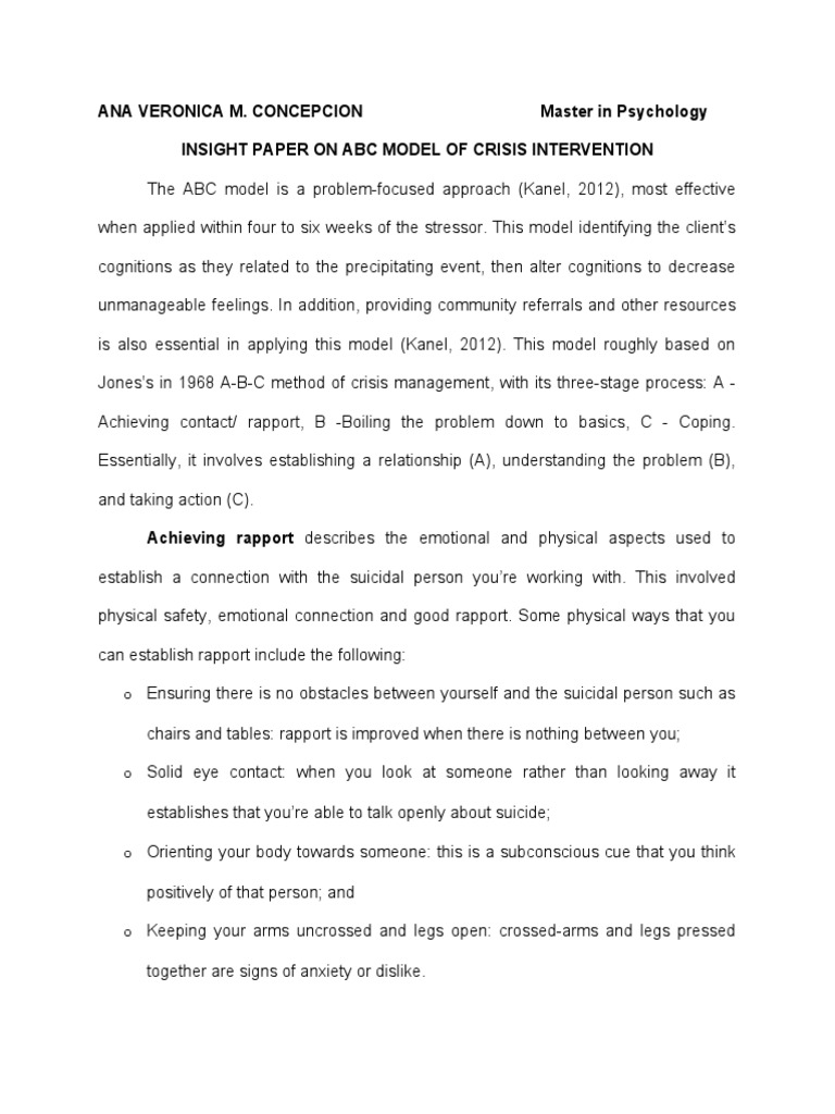 Insight Paper On Abc Model of Crisis Intervention | PDF | Suicide | Risk