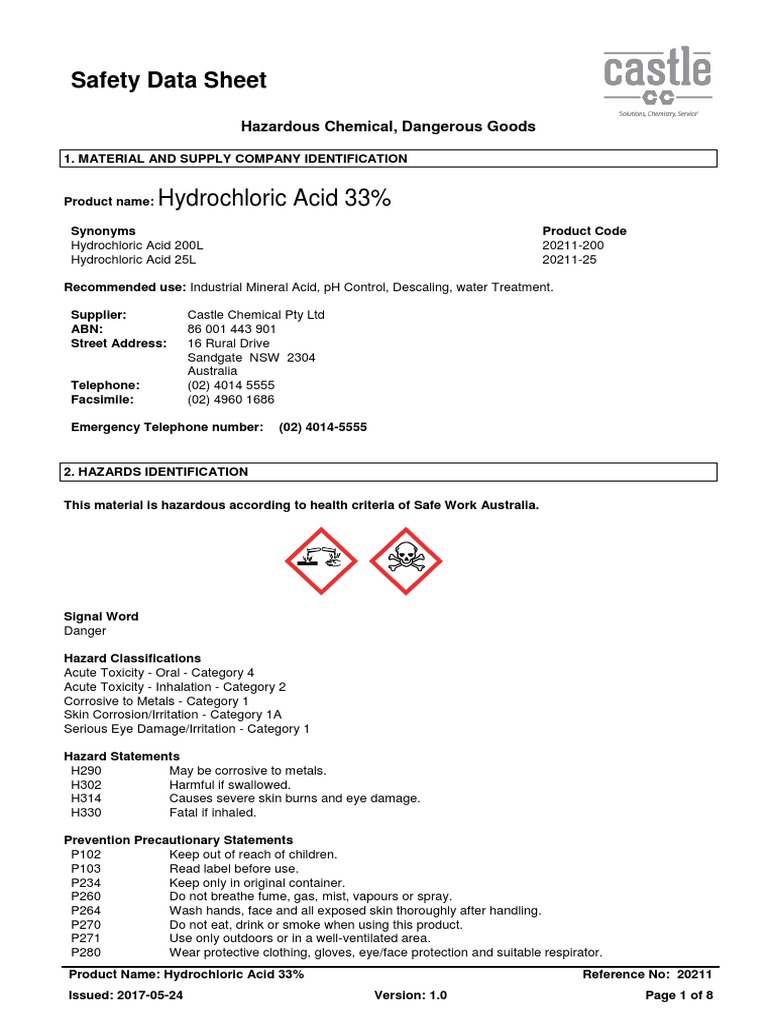 Hydrochloric Acid 33 - SDS | PDF | Dangerous Goods | Toxicity