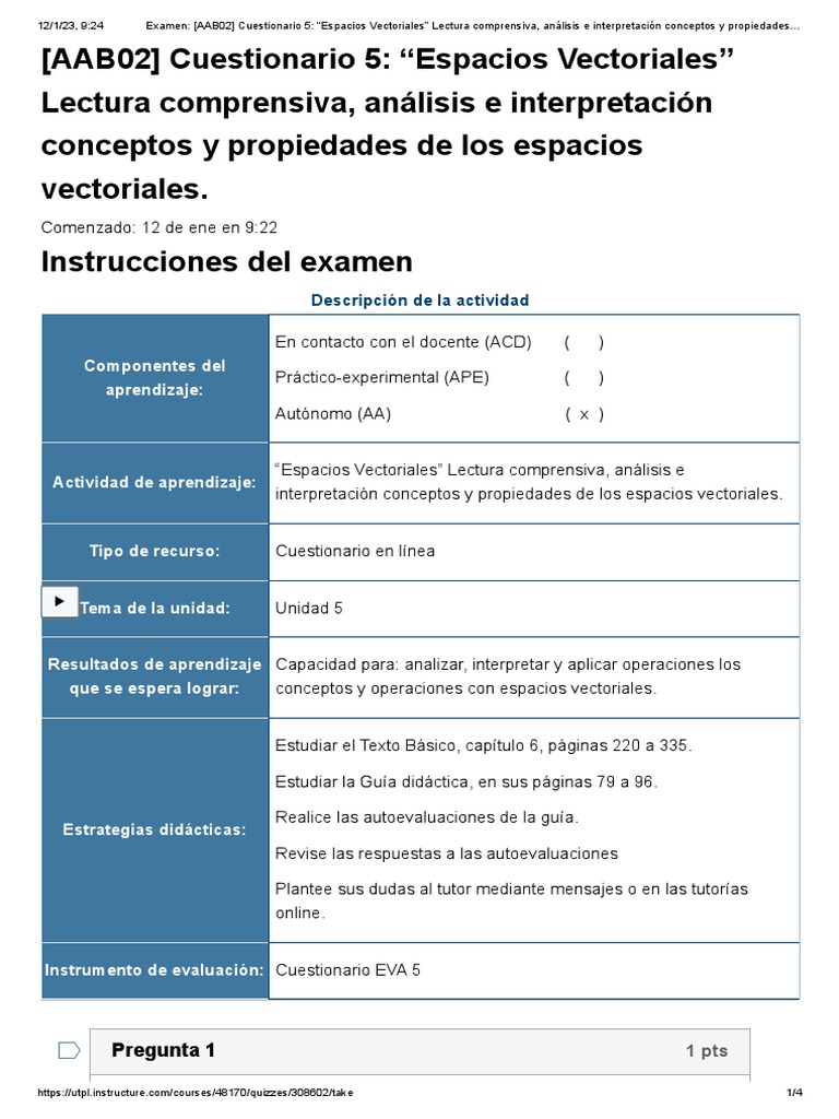 Examen - (AAB02) Cuestionario 5 - "Espacios Vectoriales" Lectura Comprensiva, Análisis e ...