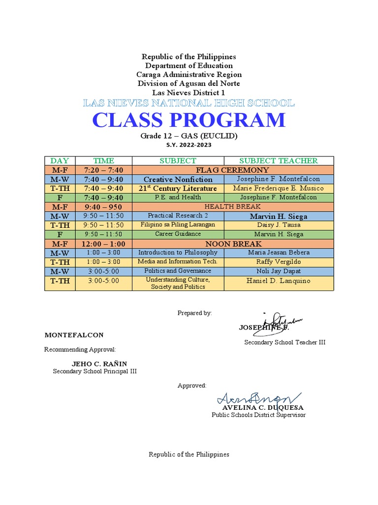 Class and Teacher's Program | PDF