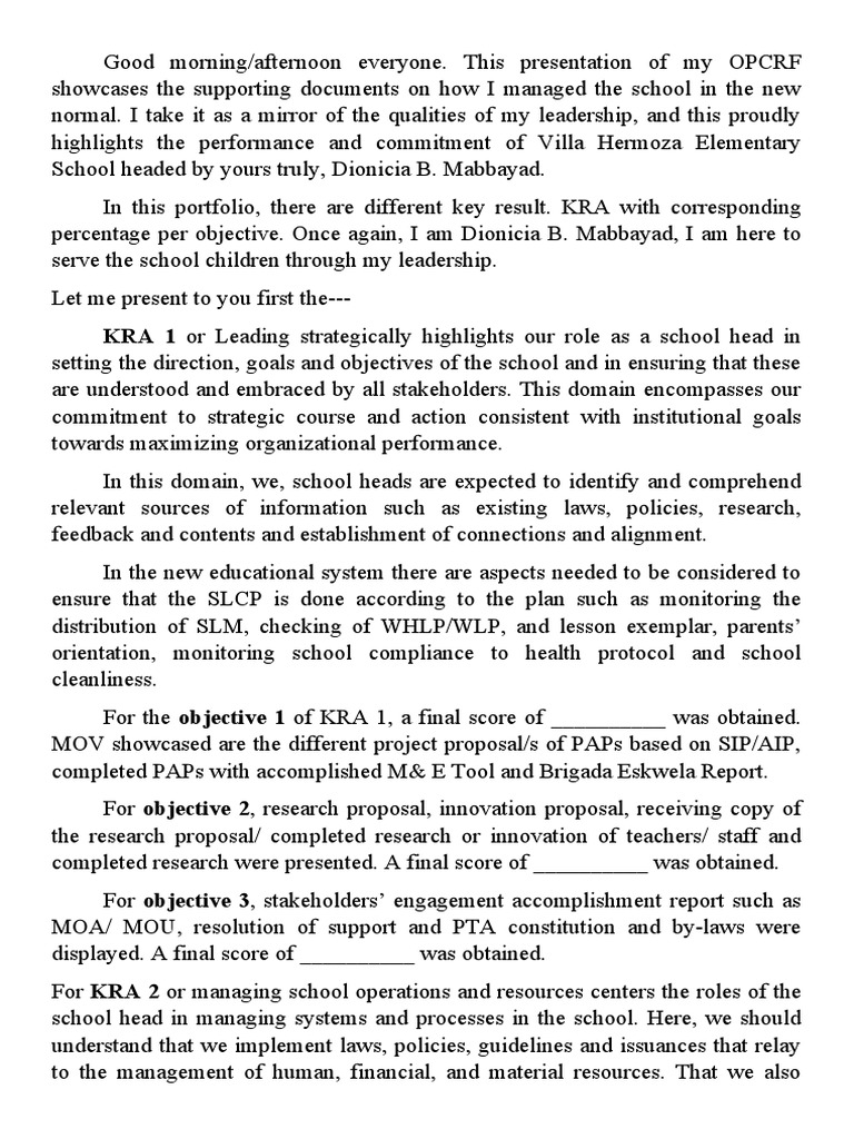 Opcrf Script | PDF | Teachers | Learning